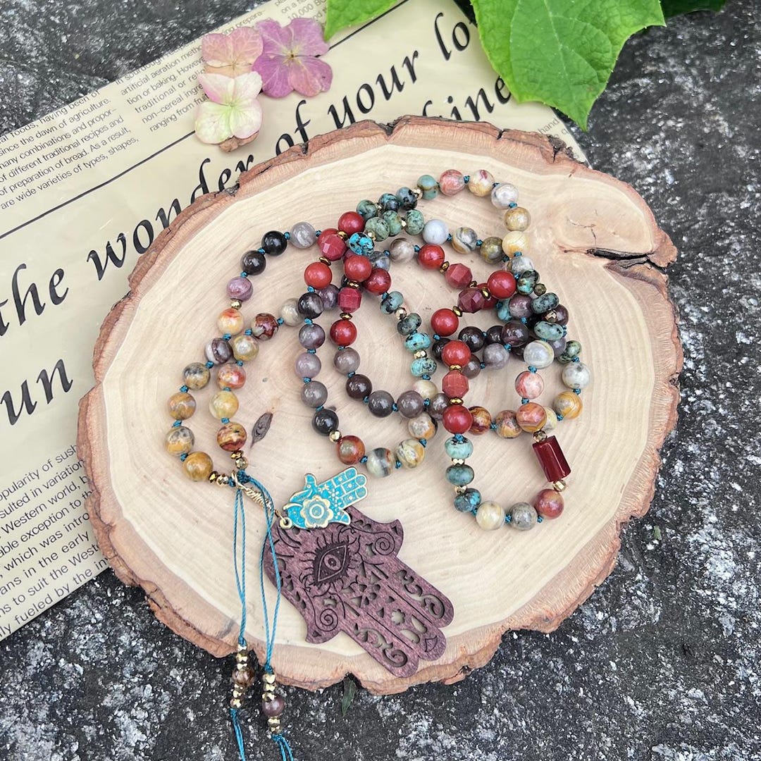 108 Bead Mala Necklace: Turquoise, Jasper, Agate, Carnelian, Hamsa ...