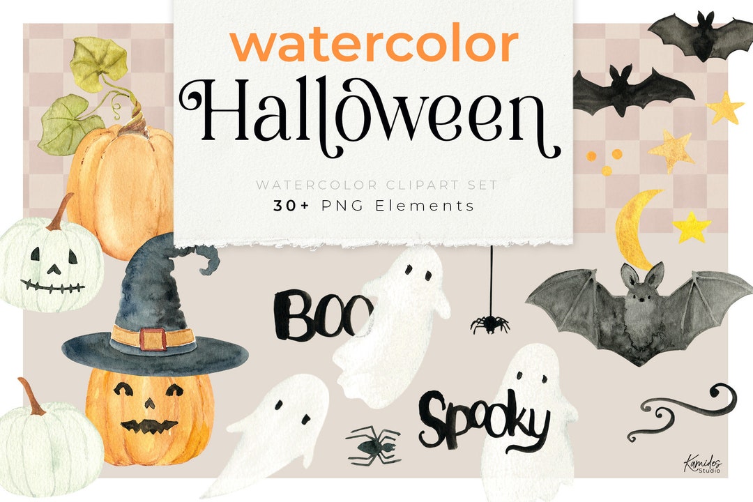 Watercolor Halloween Clipart Set, Aquarell Ghosts, Stars and Moon ...