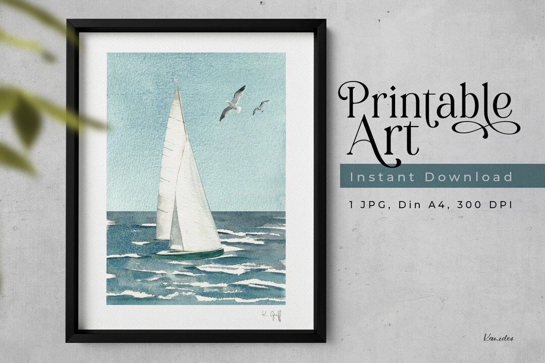 Sailboat Printable Art, Instant Download Sailboat Illustration, Wall ...