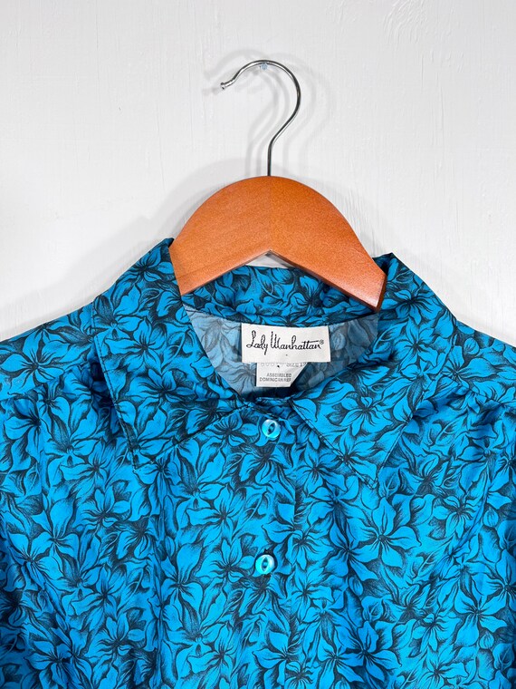 vintage lady manhattan 1960s blue floral button up BR… - Gem