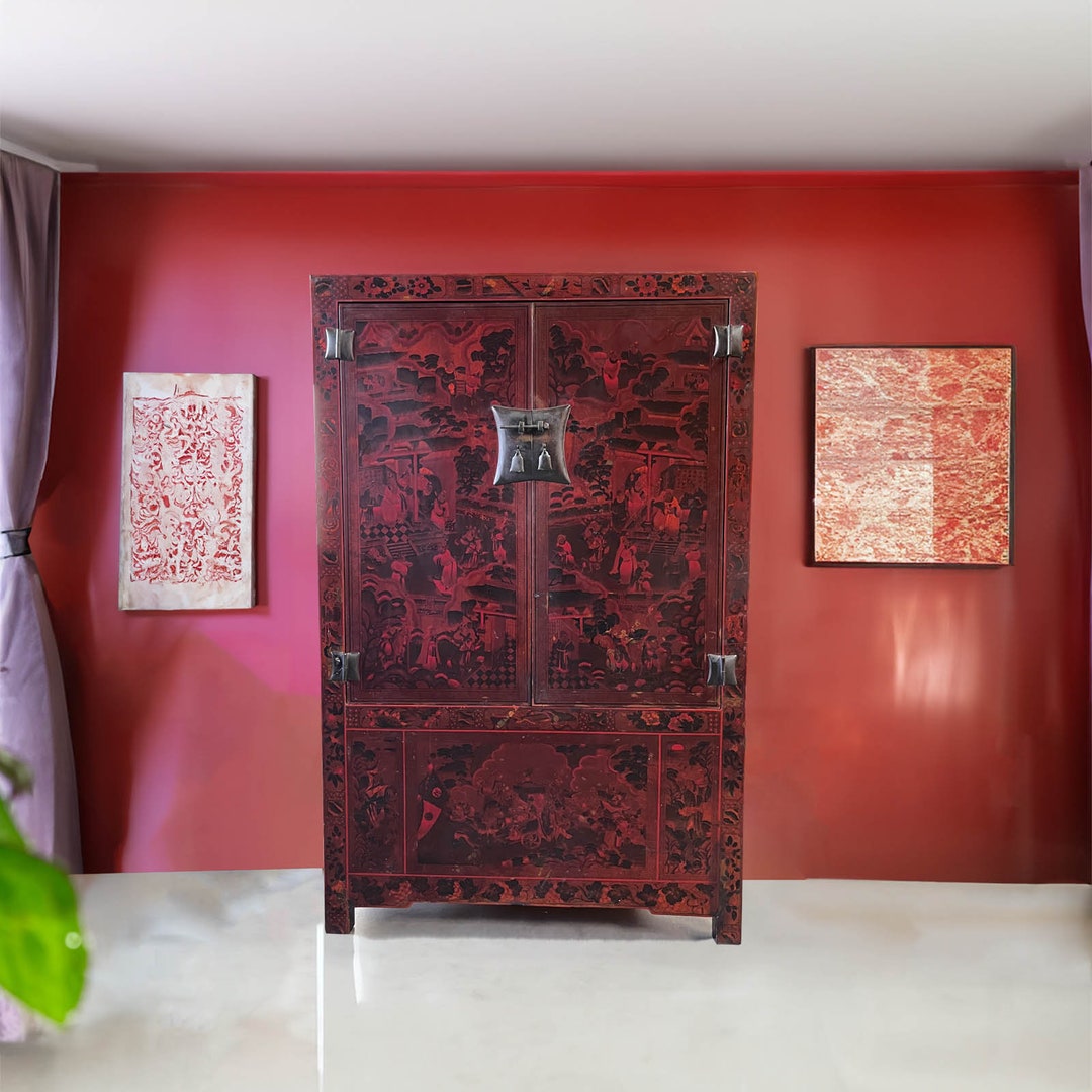 Grand meuble chinois ancien meuble de télévision meuble asiatique peint ...