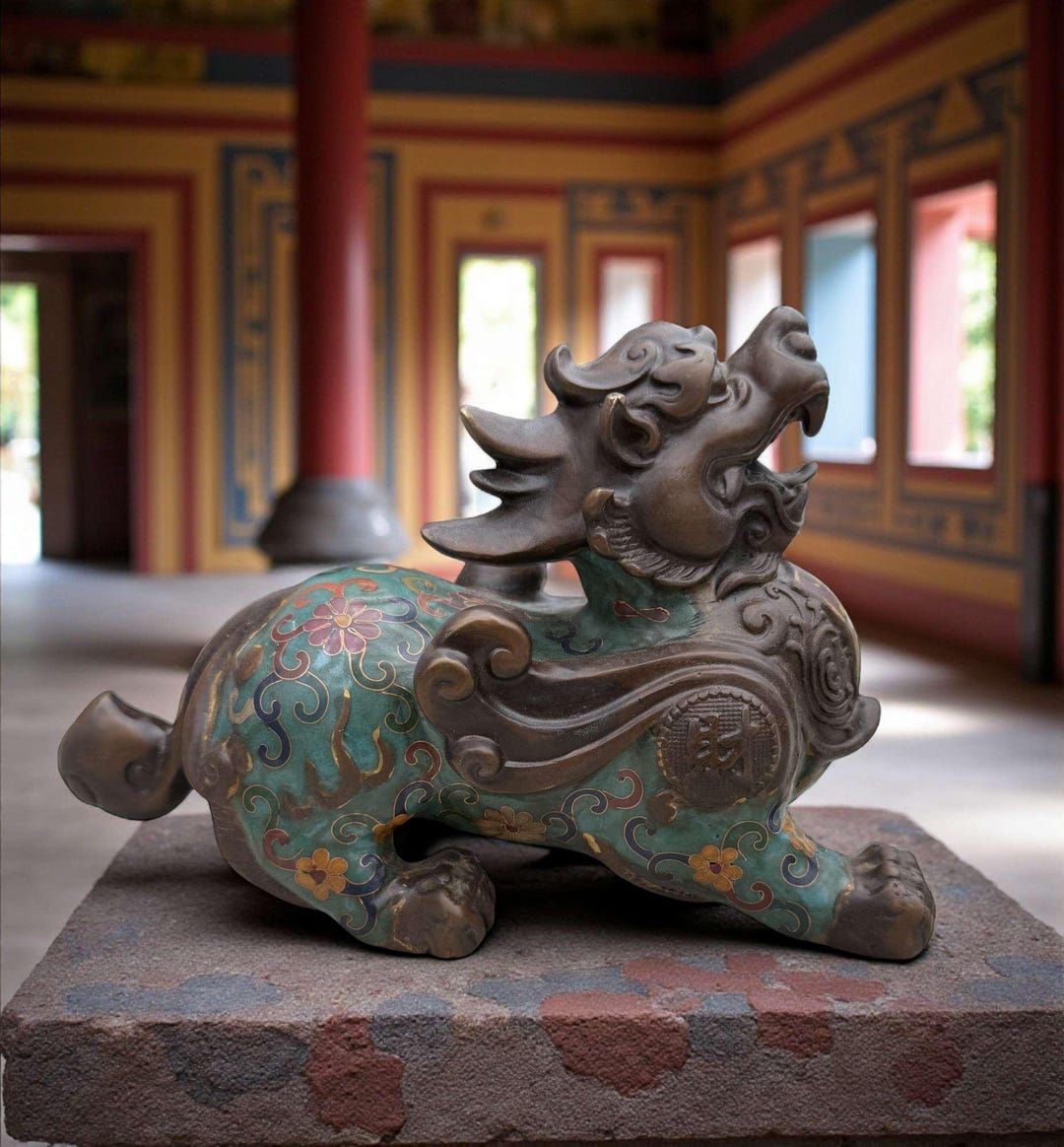 Chinese Pixiu Guardian Lion Bronze Sculpture Sky Lion Cloisonne Figure ...