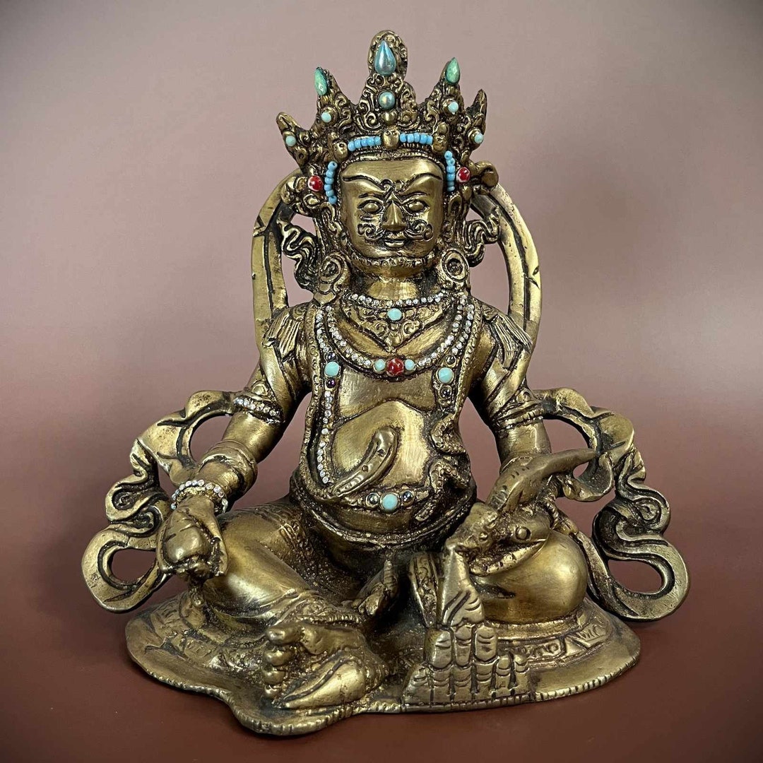 Kubera Jambhala Brass Figure India Sculpture Tibetan God of Wealth Buddhism Pearl Spewing ...