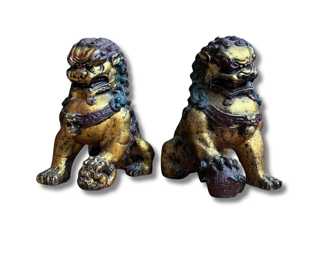 Asian Guardian Lions Chinese Temple Lions Cast Iron China Temple Dog Fu ...