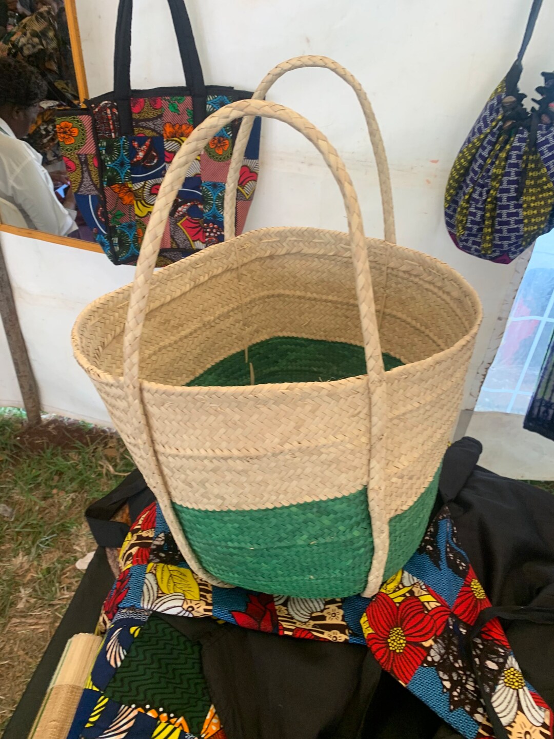 African Straw Bag, Straw Basket, Green and Cream White Straw in Leather ...