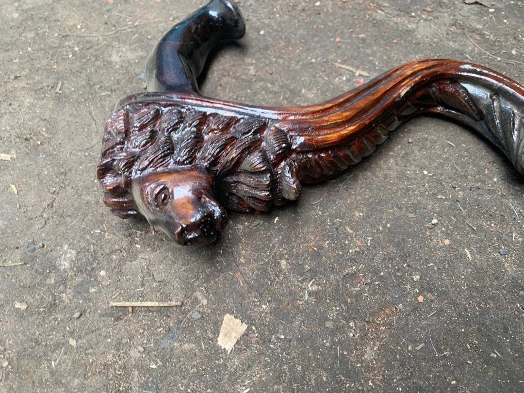 Lion Head Walk Cane, Wood Curved Cane, Wooden Cane, Walking Cane ...
