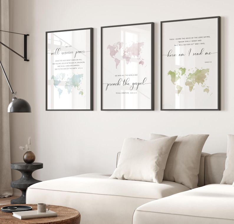 Isaiah 6:8 Set of 3 World Map Wall Art, Bible Verse Printable Wall Art ...