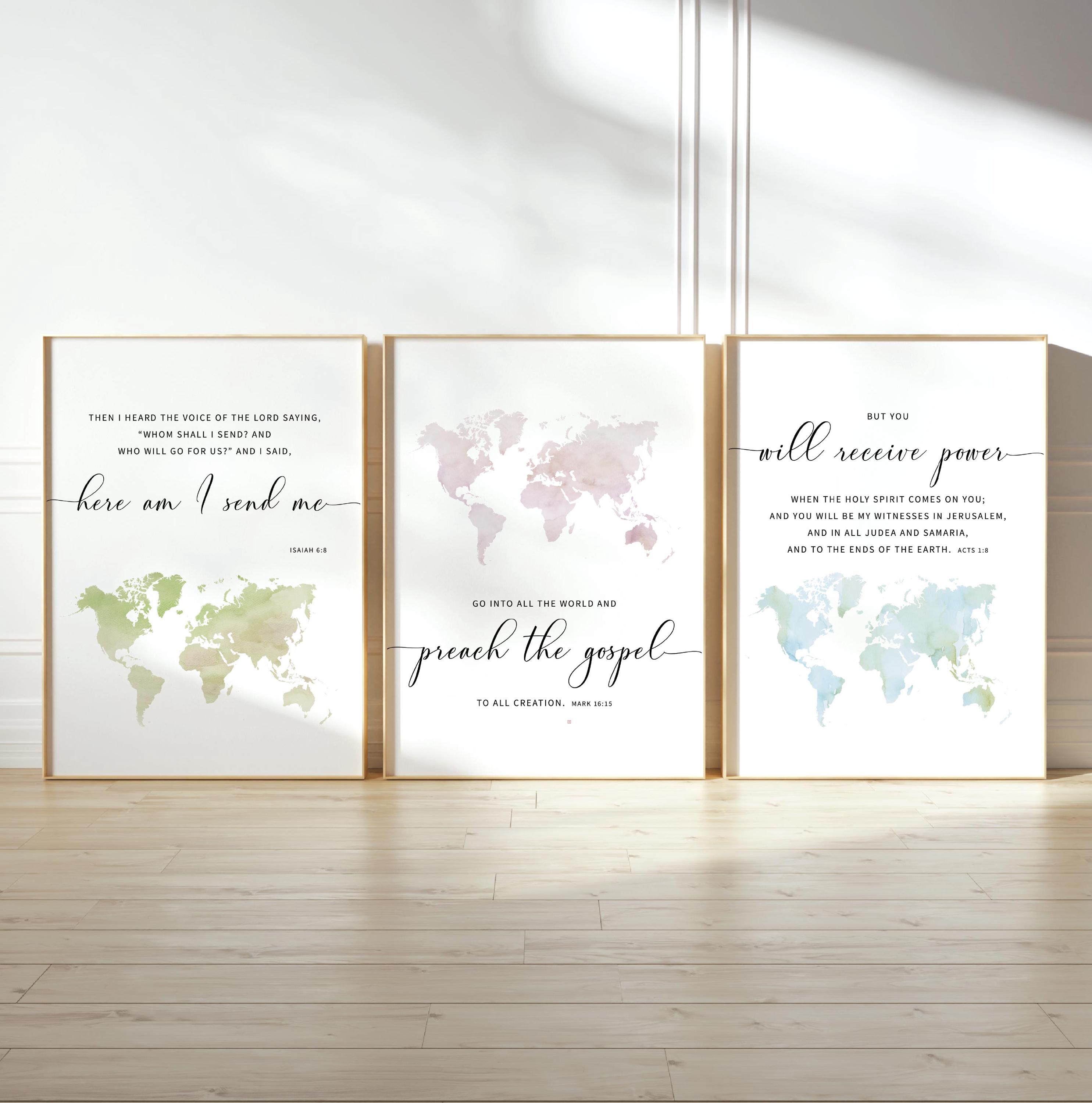 Isaiah 6:8 Set of 3 World Map Wall Art, Bible Verse Printable Wall Art ...