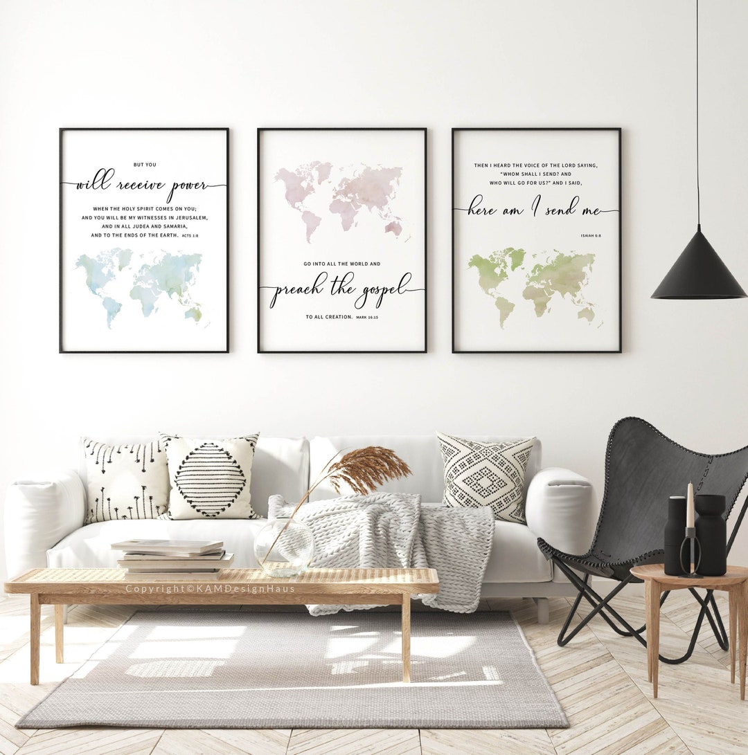 Isaiah 6:8 Set of 3 World Map Wall Art, Bible Verse Printable Wall Art ...