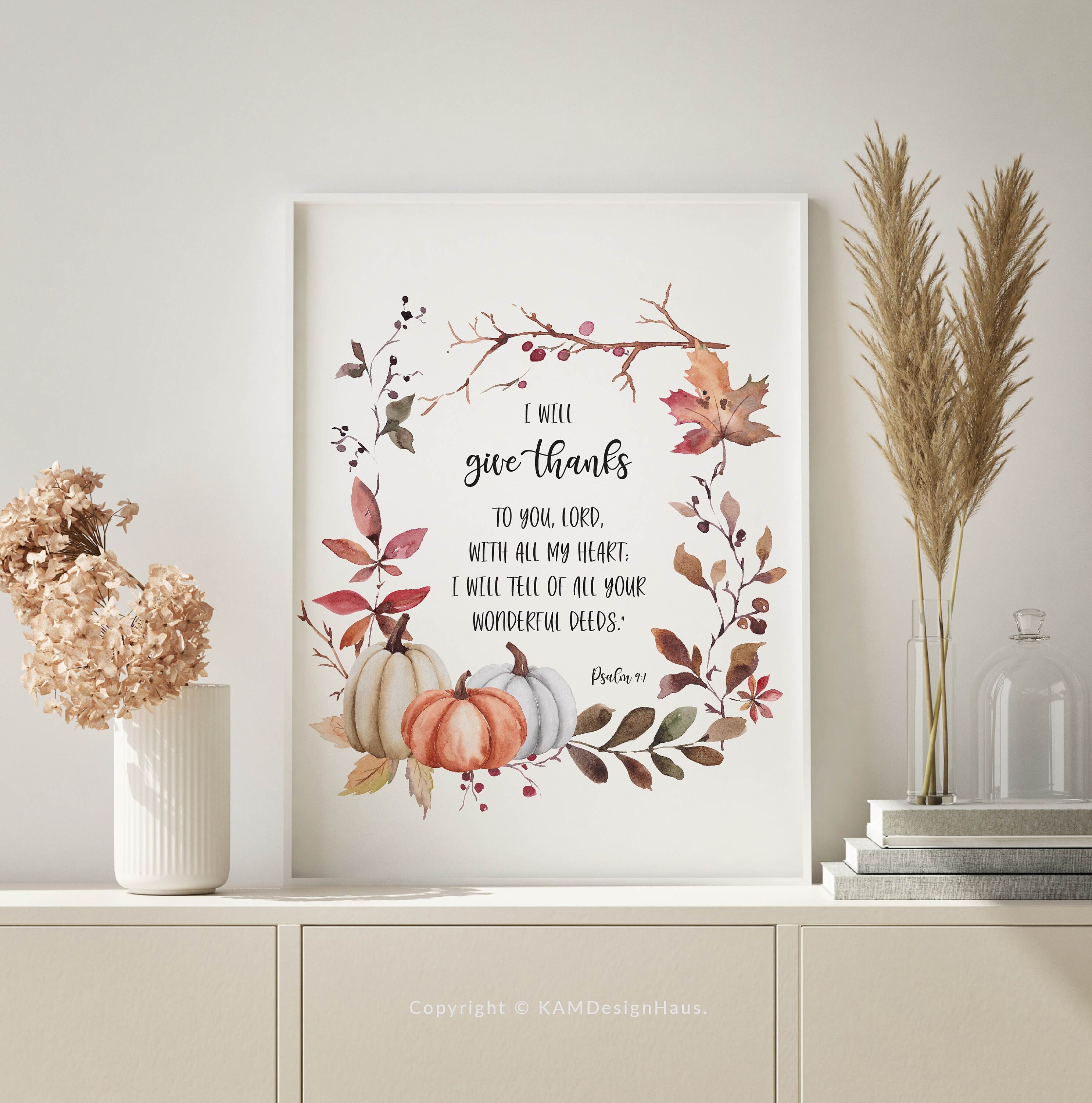 Psalm 9:1 Give Thanks to You Bible Verse Print, Printable Wall Art ...