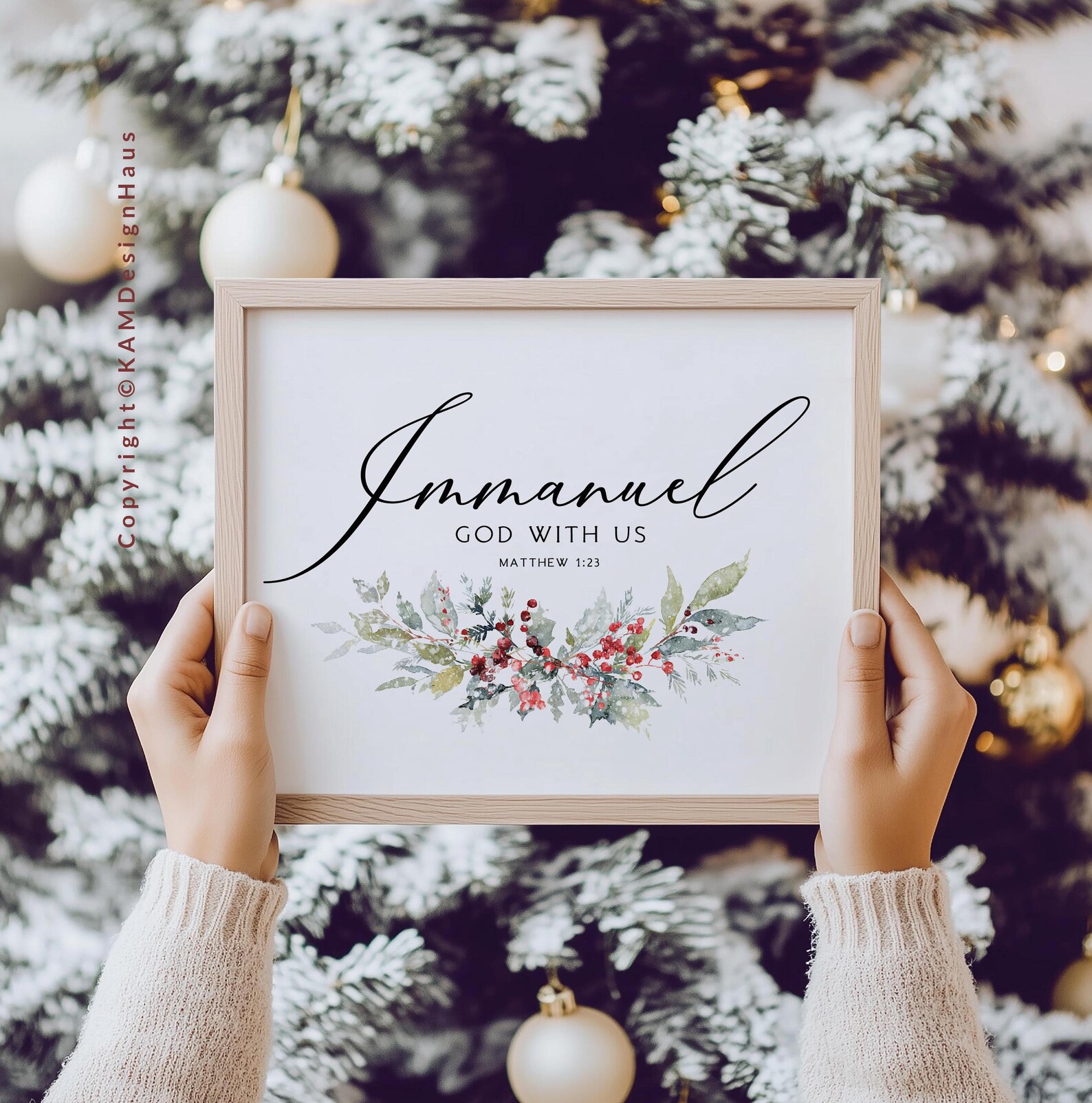 Immanuel Christmas Wall Art, Printable Wall Art, Frosty Leaves Digital ...