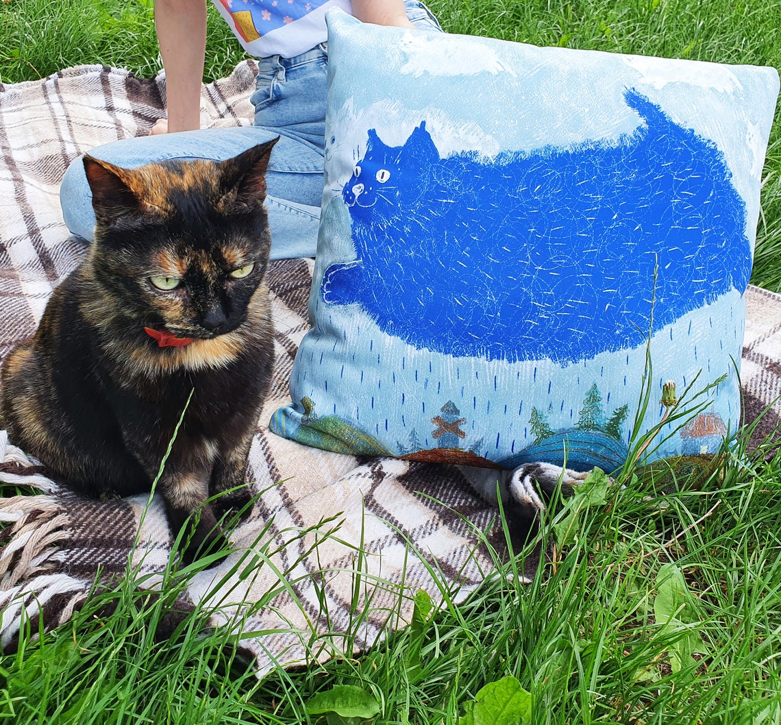 Flying Blue Cat Pillow - Etsy