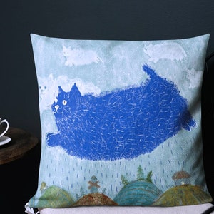 Flying Blue Cat Pillow - Etsy