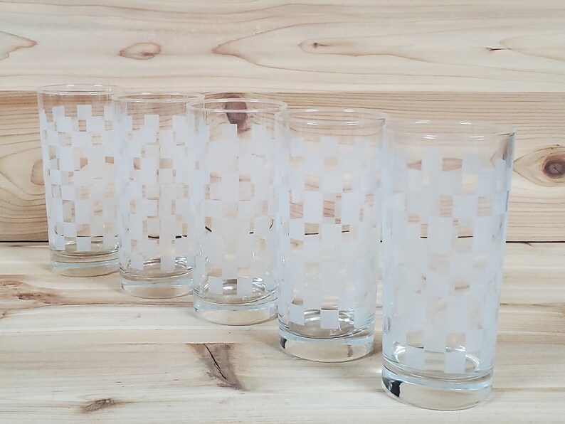 Vintage FROSTED CHECKERED 12-oz Glass Tumblers set of 5 White and Clear ...