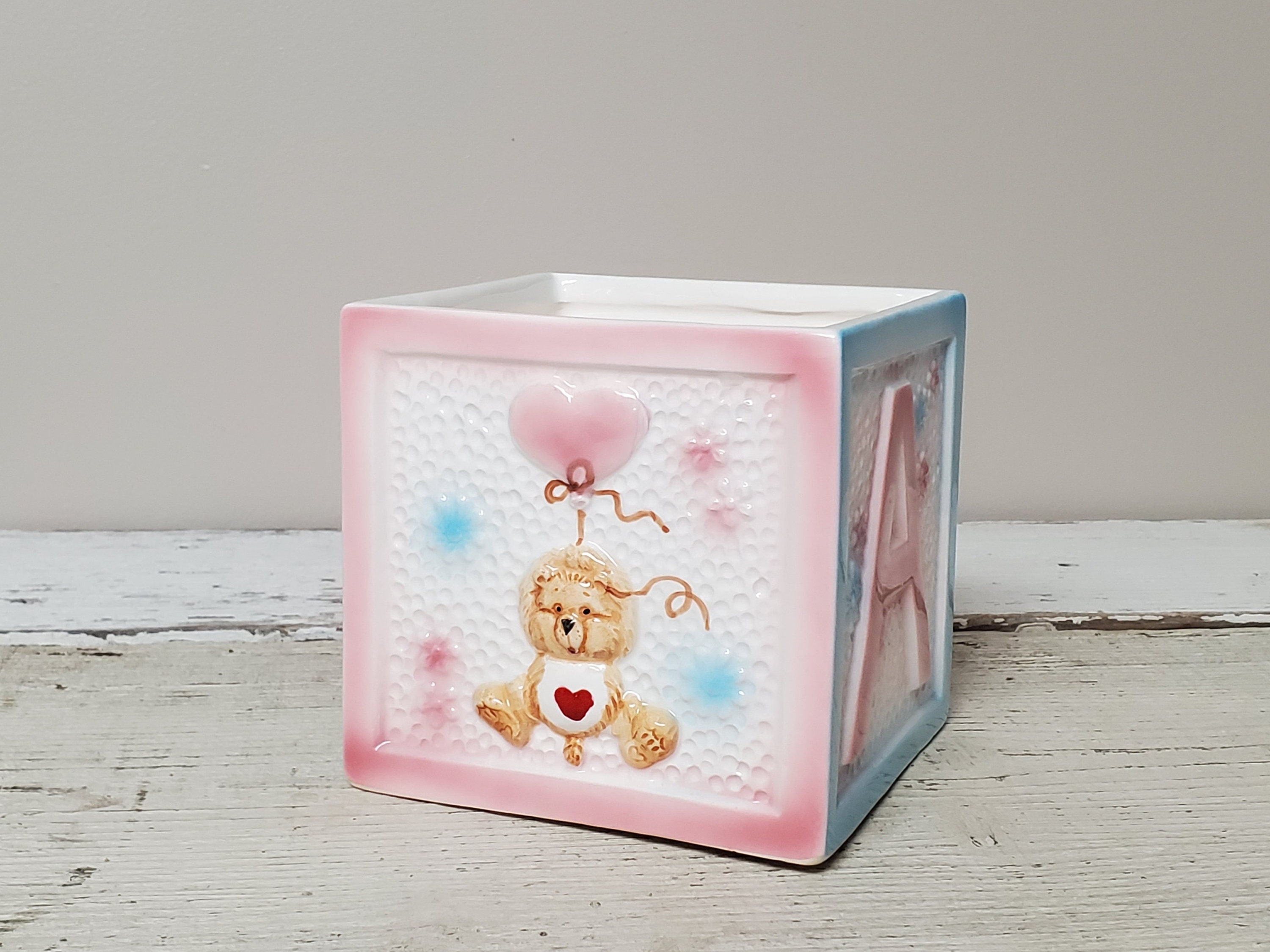 Vintage Baby Boy or Girl Baby Block Planter Ceramic Glossy Glaze Pink ...