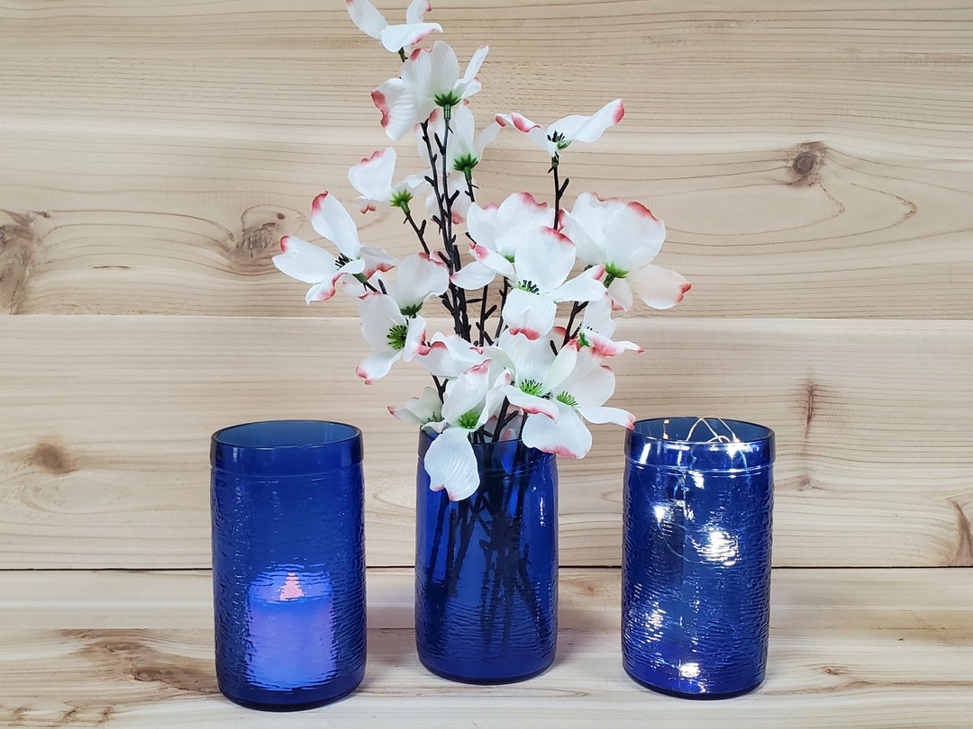 Vintage 10 Oz Glass Tumblers (set of 3) Cobalt Blue Crinkle Textured ...