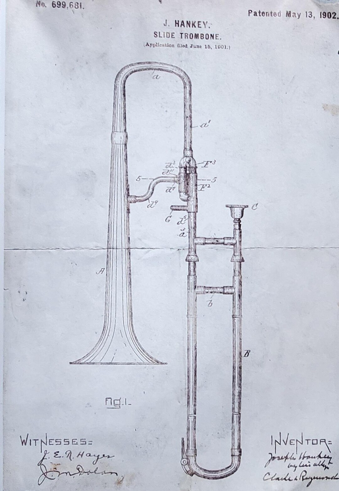 Vintage Slide Trombone Schematic Poster From U.S. Patent Office 1902 by ...