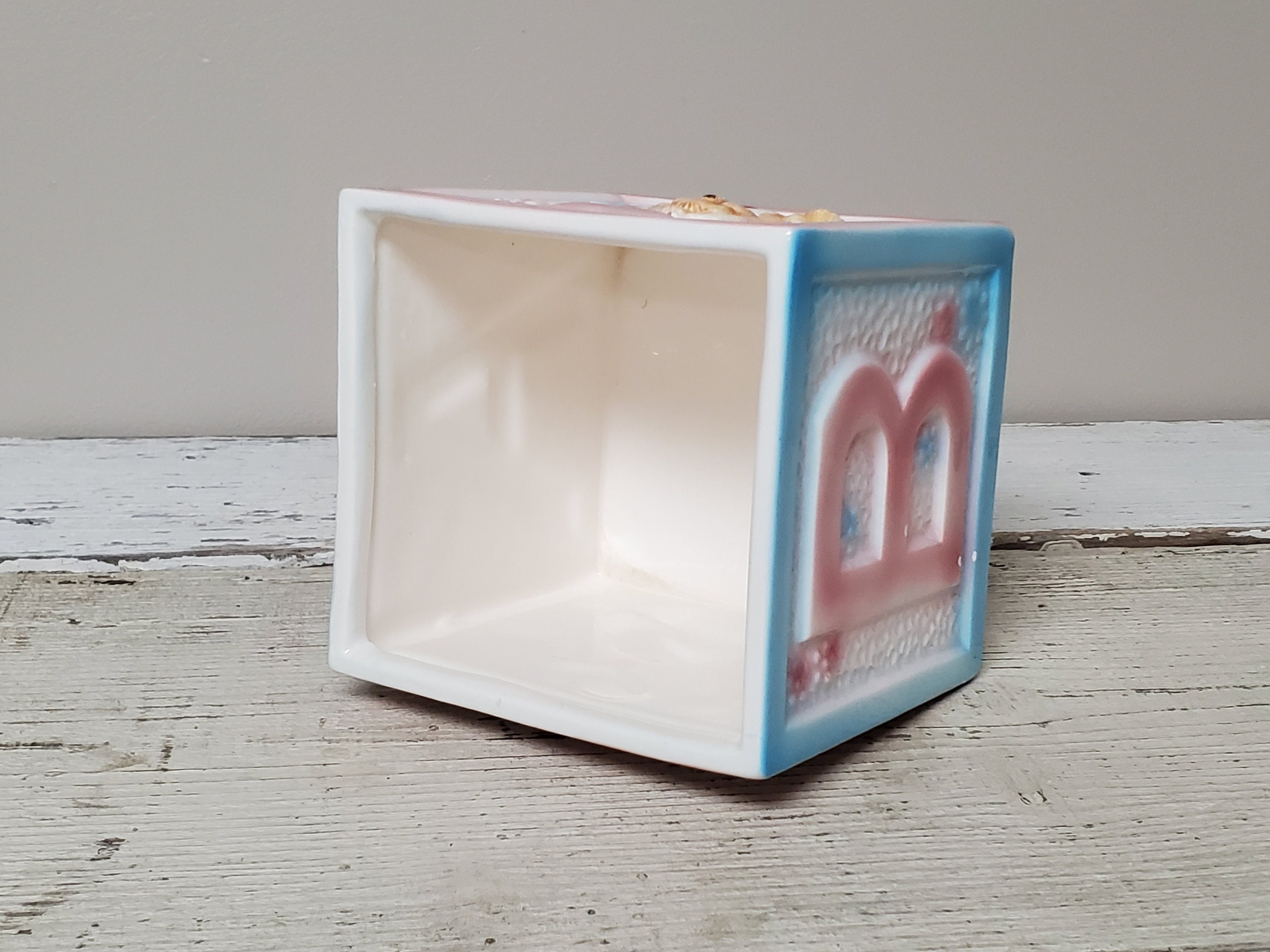 Vintage Baby Boy or Girl Baby Block Planter Ceramic Glossy Glaze Pink ...