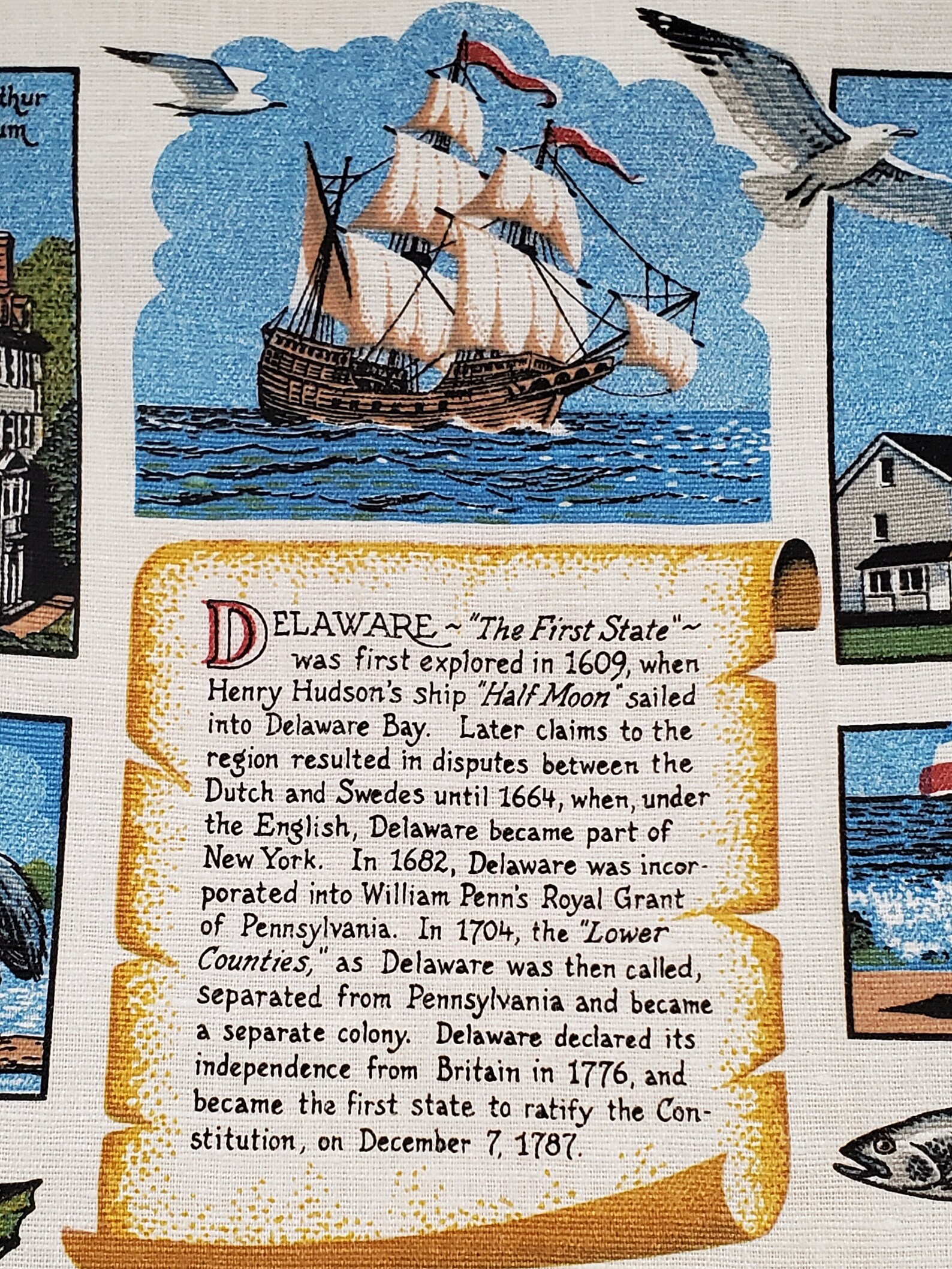 Vintage Delaware State Dish or Tea Towel, "the First State" History ...