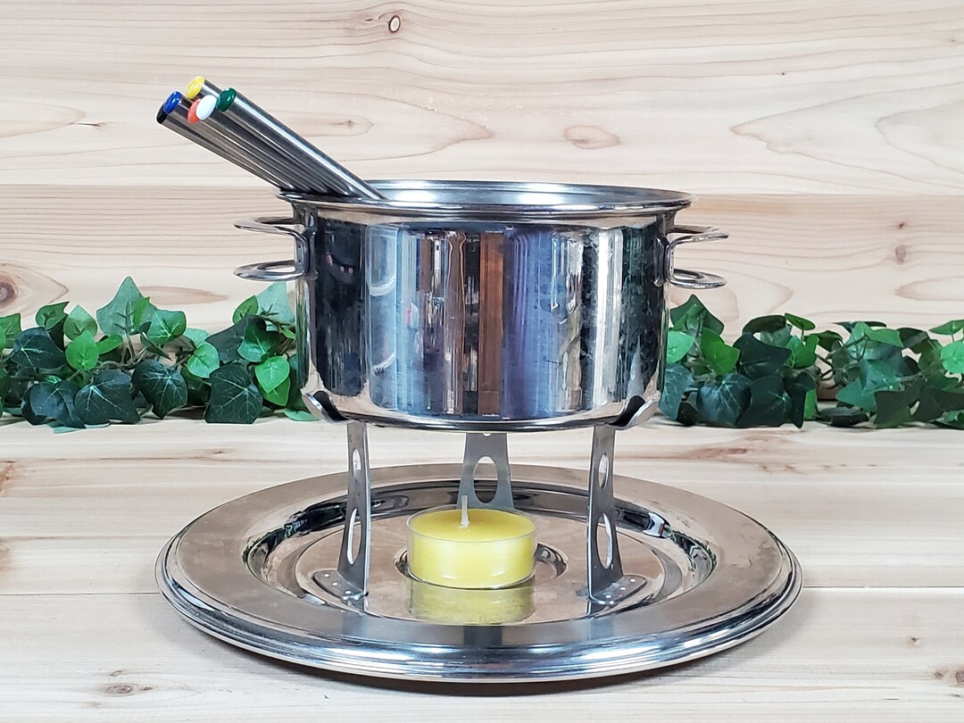 Vintage Fondue 3-pc. Set ~ Pot, Stand, 6 Color Coded Skewers ...