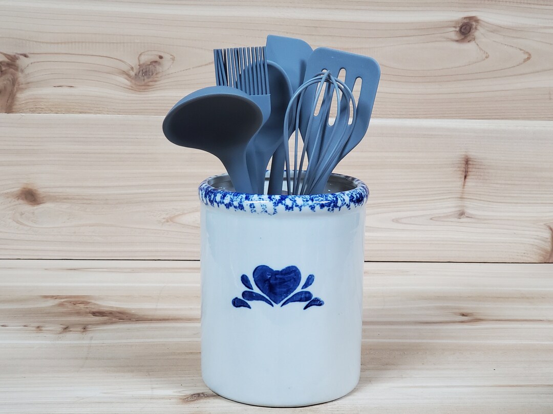 Vintage Stoneware Crock Utensil Holder Ivory Stoneware Cobalt Blue ...
