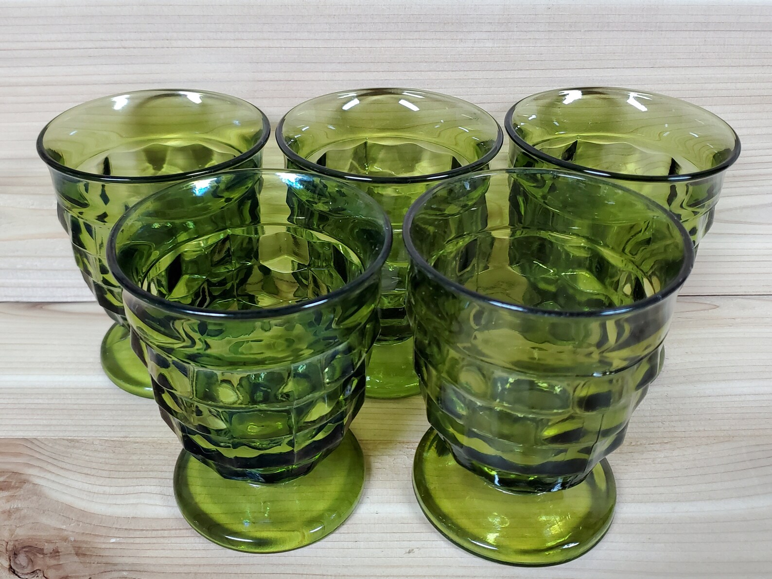 Vintage COLONY Whitehall Avocado Green Glass Footed 9-oz Tumbler Set 5 ...