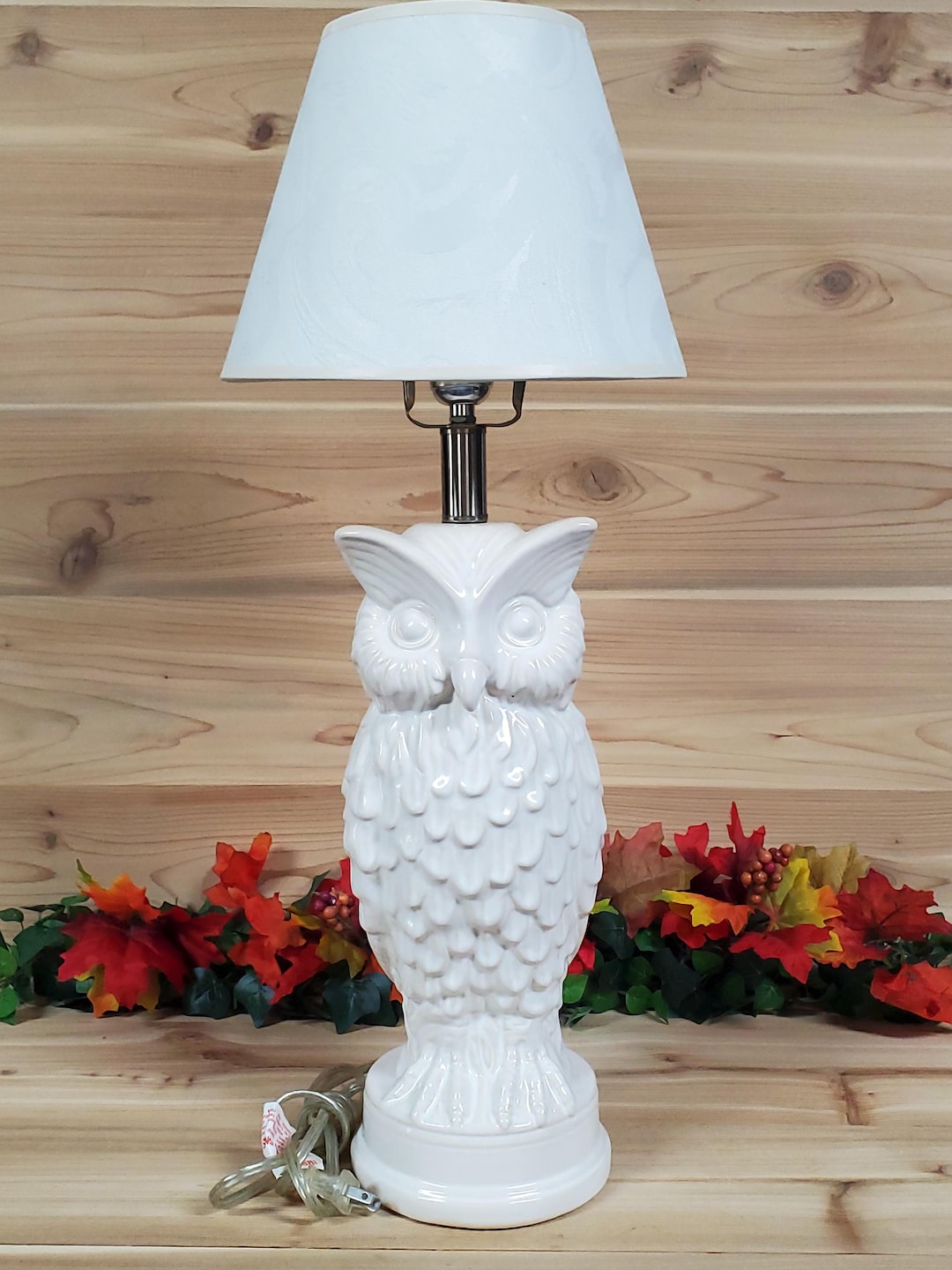 Vintage Hoot Owl Lamp, All White-washed Ceramic Owl Perched Tall on a Pedestal; Autumn ...