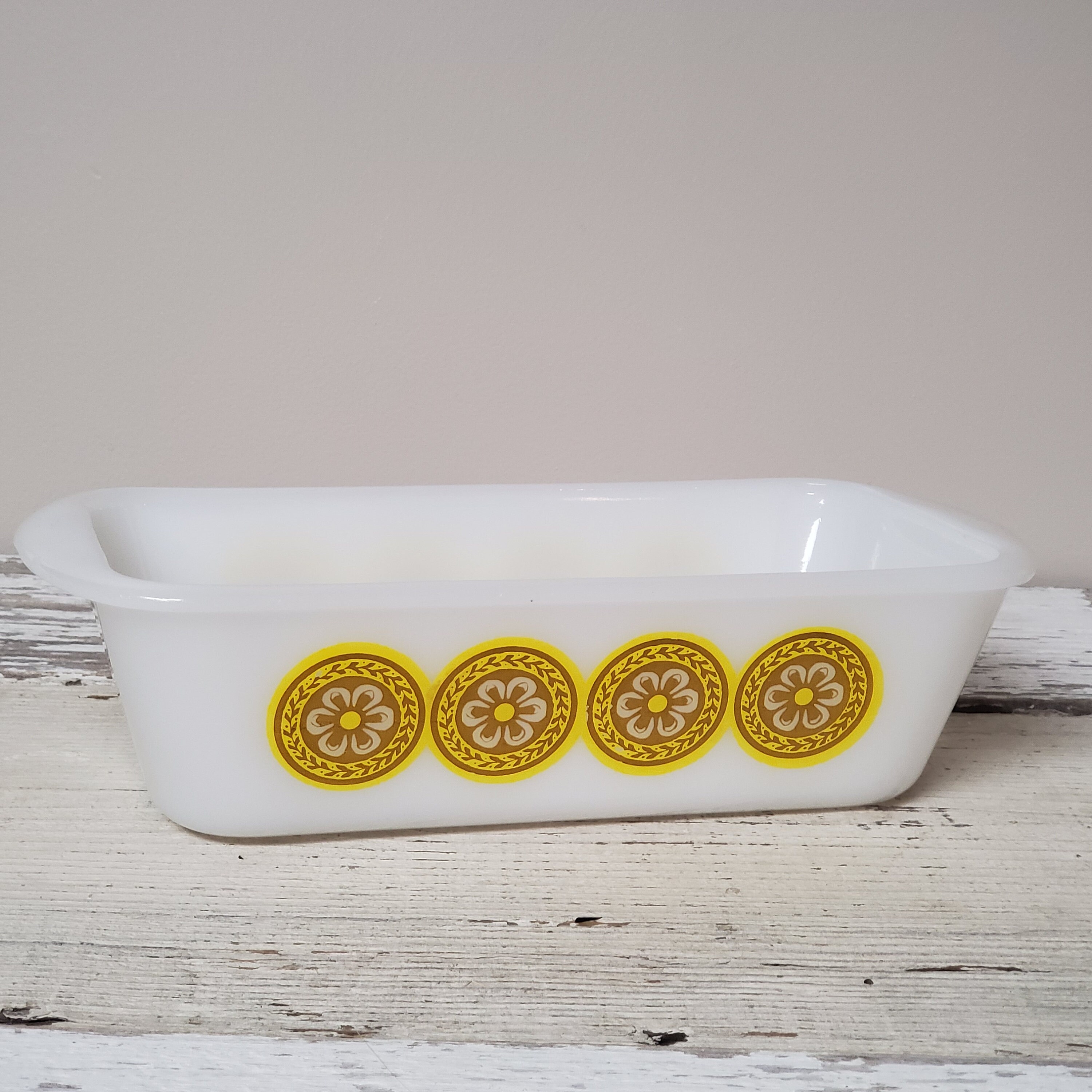Vintage GLASBAKE Loaf Pan Milk Glass Baking Dish Gold Flower Medallions ...