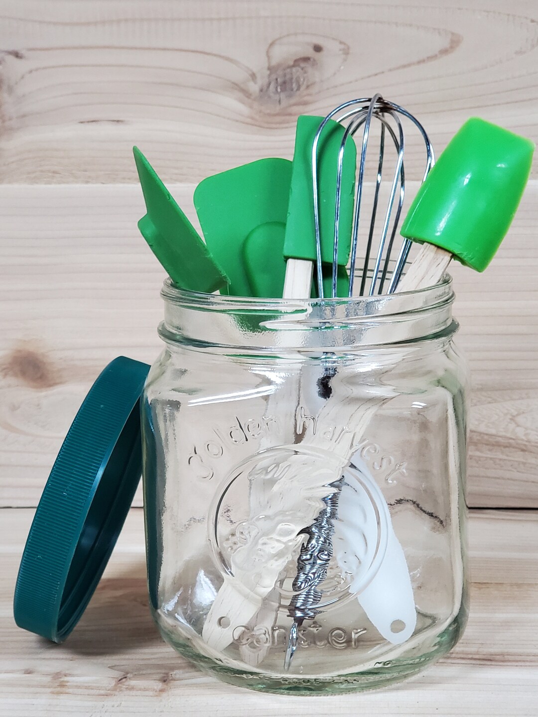 Vintage Golden Harvest Glass Jar Canister W/threaded Mouth & Green ...