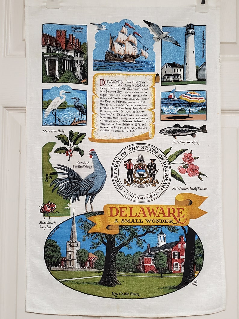Vintage Delaware State Dish or Tea Towel, "the First State" History ...