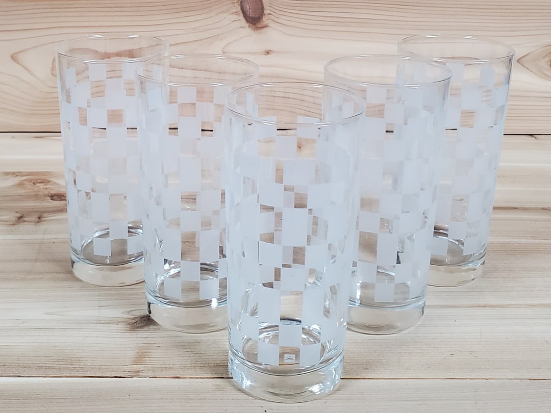 Vintage FROSTED CHECKERED 12-oz Glass Tumblers (set of 5); White and ...