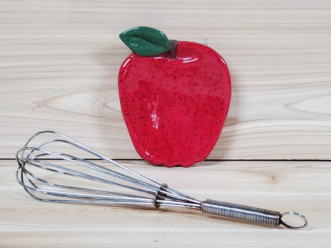 Vintage Apple Spoon Rest Glazed Ceramic, Red Apple W/green Leaf & Brown ...