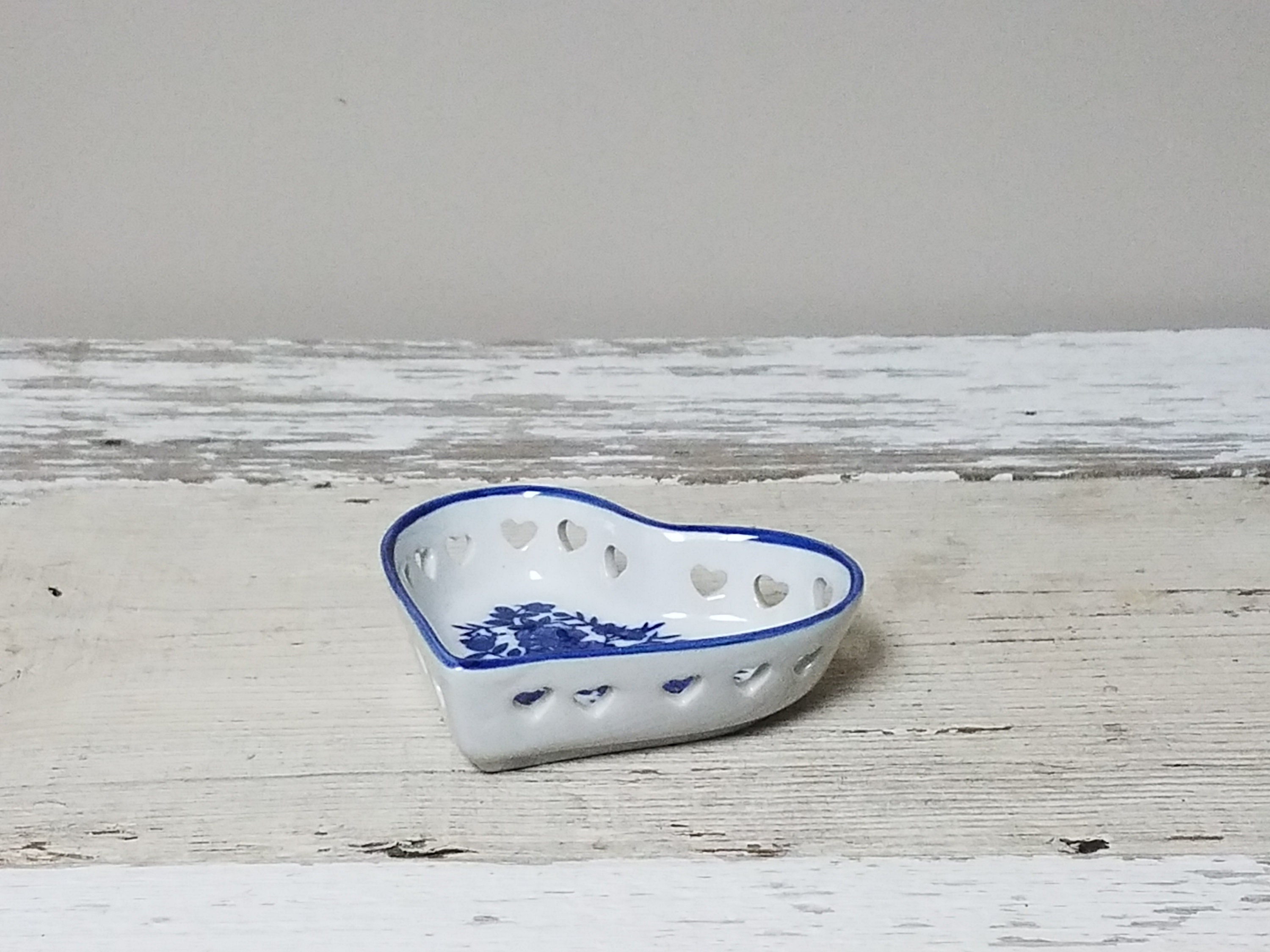 Vintage Cobalt Blue & White Heart-shaped Trinket Dish Pierced - Etsy