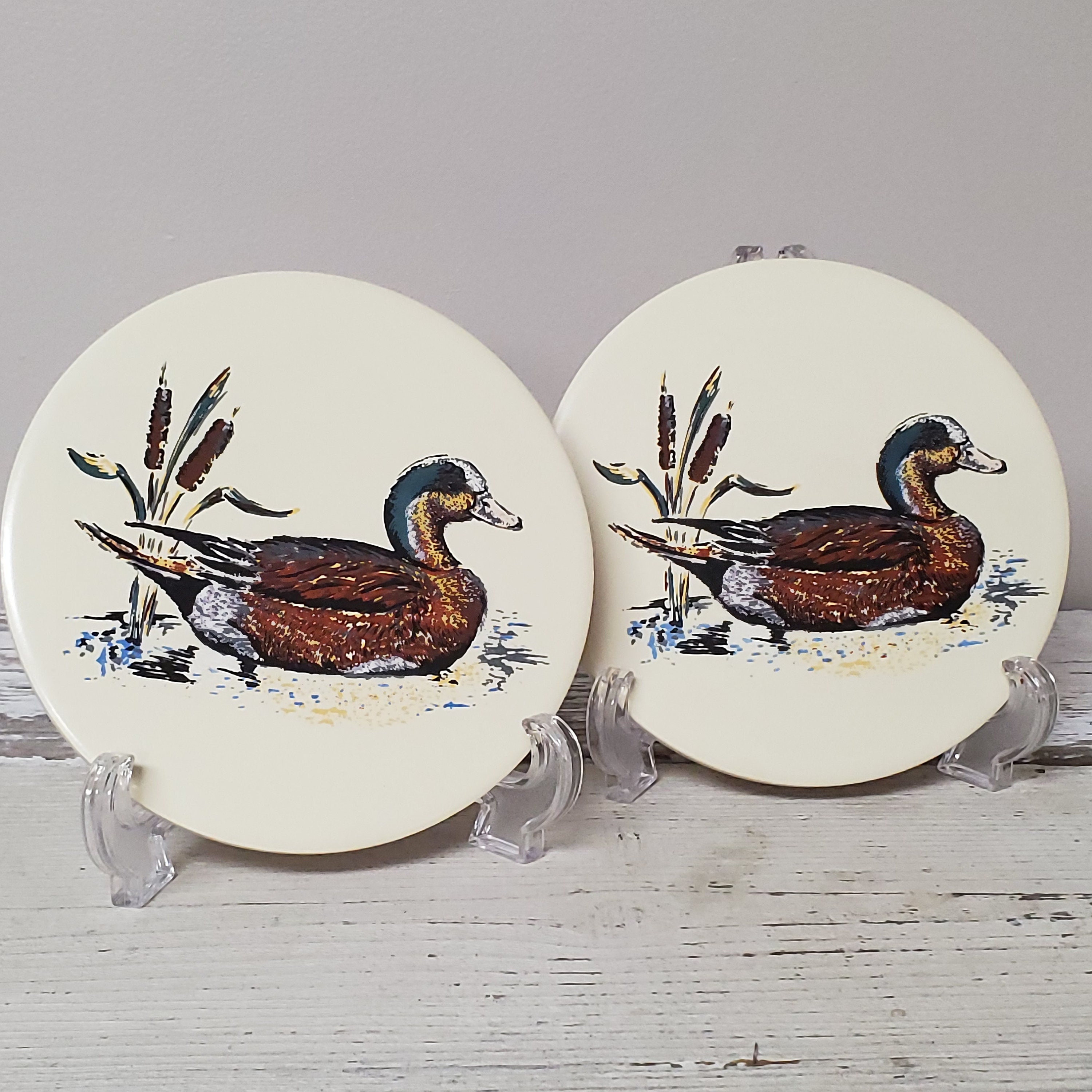 Vintage Mallard Drake Ceramic Trivet Round Mallard Duck in Cattails ...