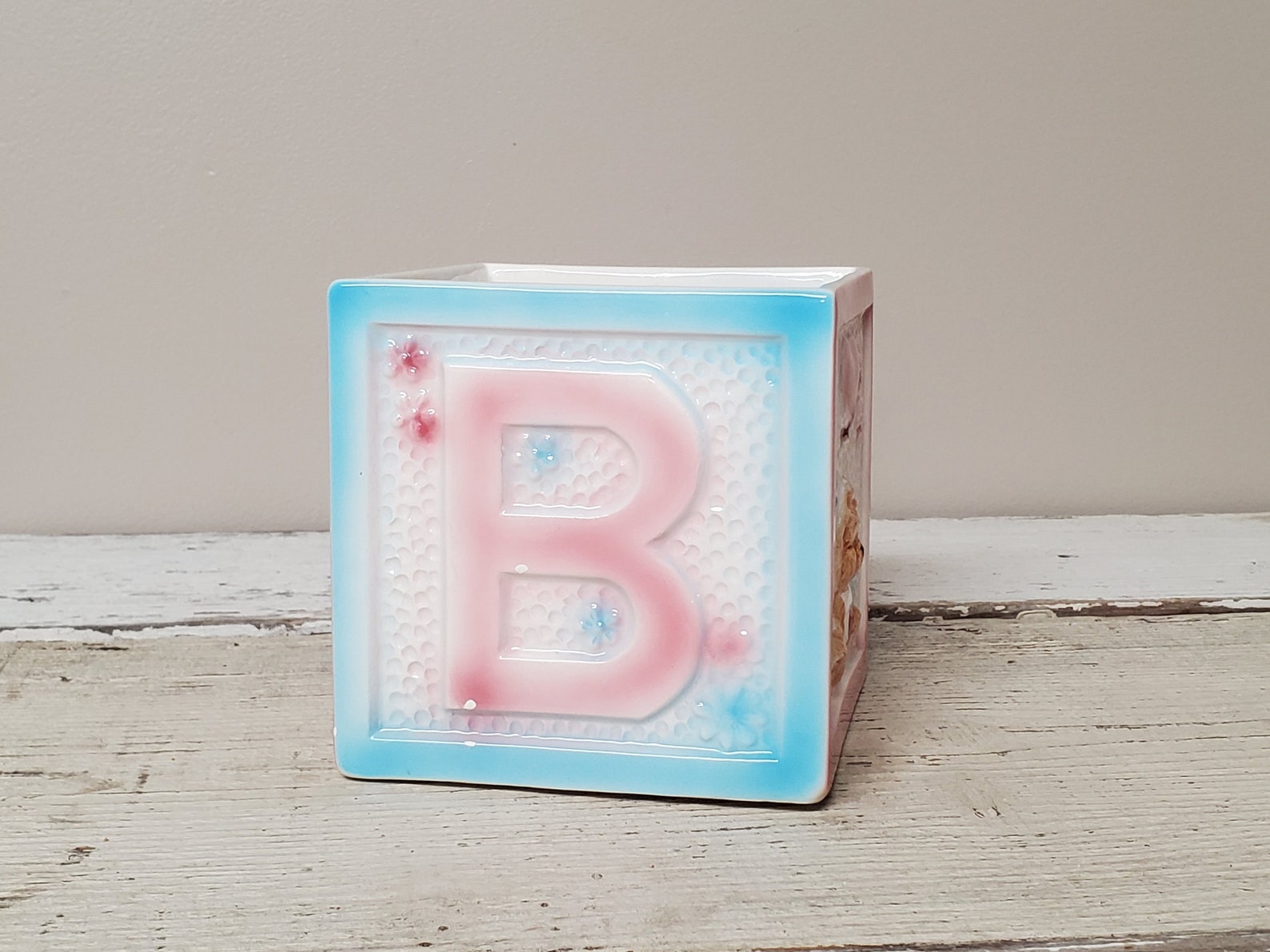 Vintage Baby Boy or Girl Baby Block Planter Ceramic Glossy Glaze Pink ...