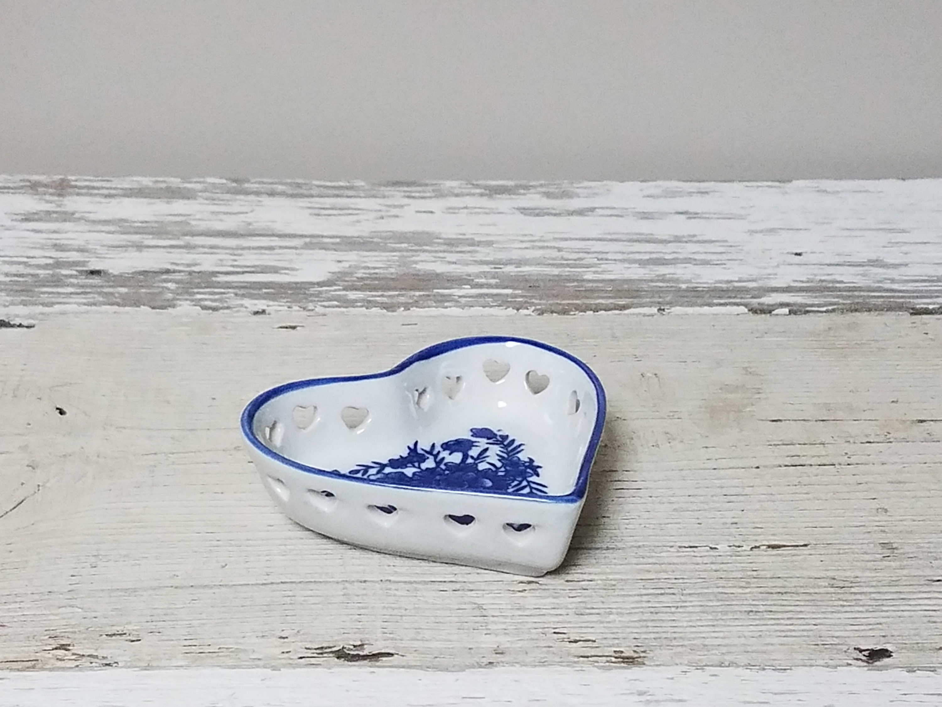 Vintage Cobalt Blue & White Heart-shaped Trinket Dish Pierced | Etsy