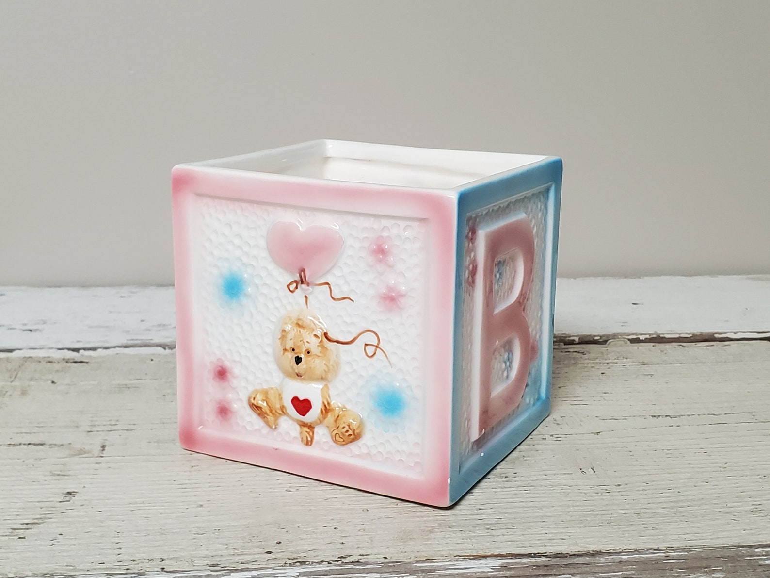 Vintage Baby Boy or Girl Baby Block Planter Ceramic Glossy Glaze Pink ...