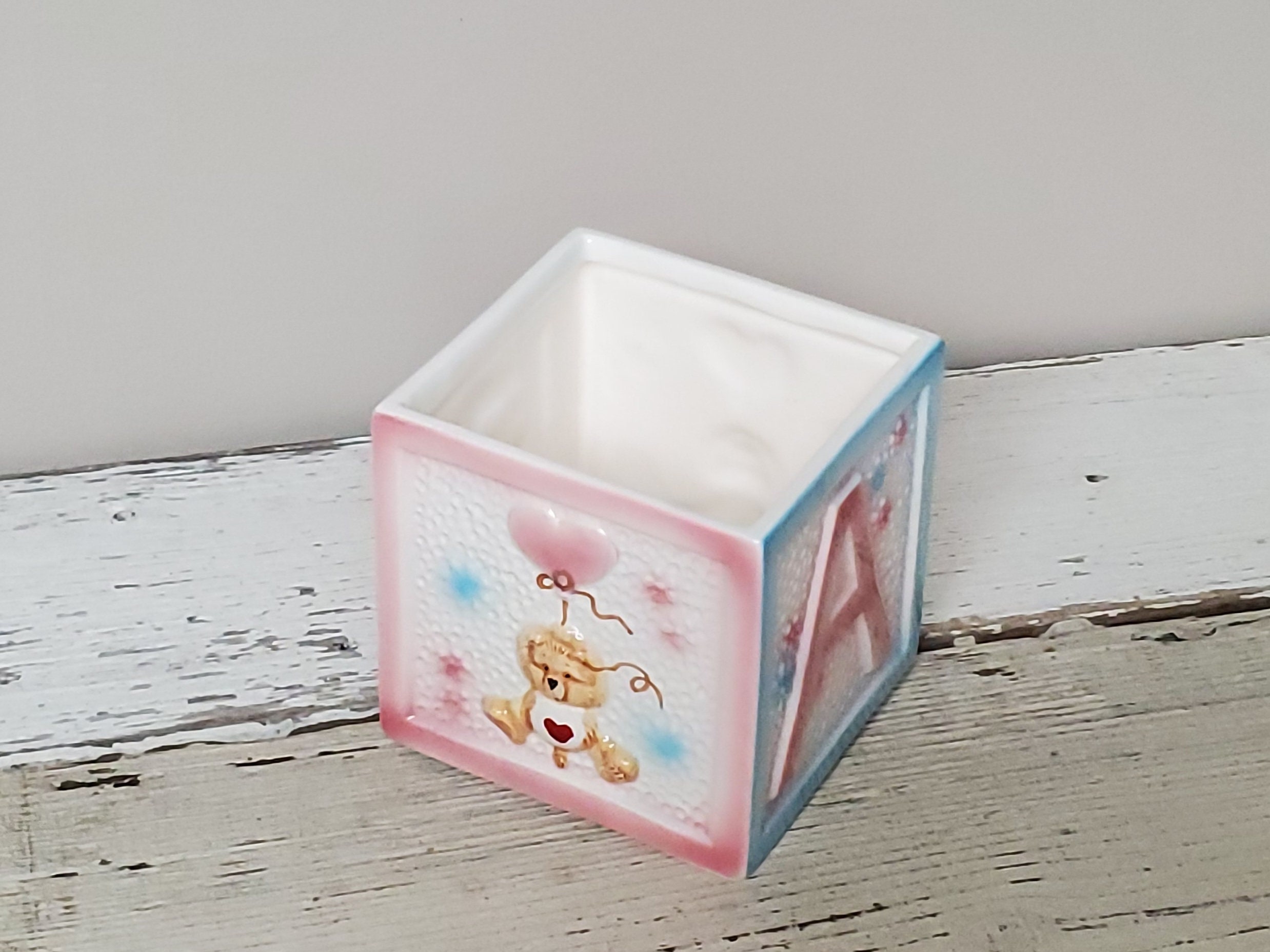 Vintage Baby Boy or Girl Baby Block Planter Ceramic Glossy Glaze Pink ...
