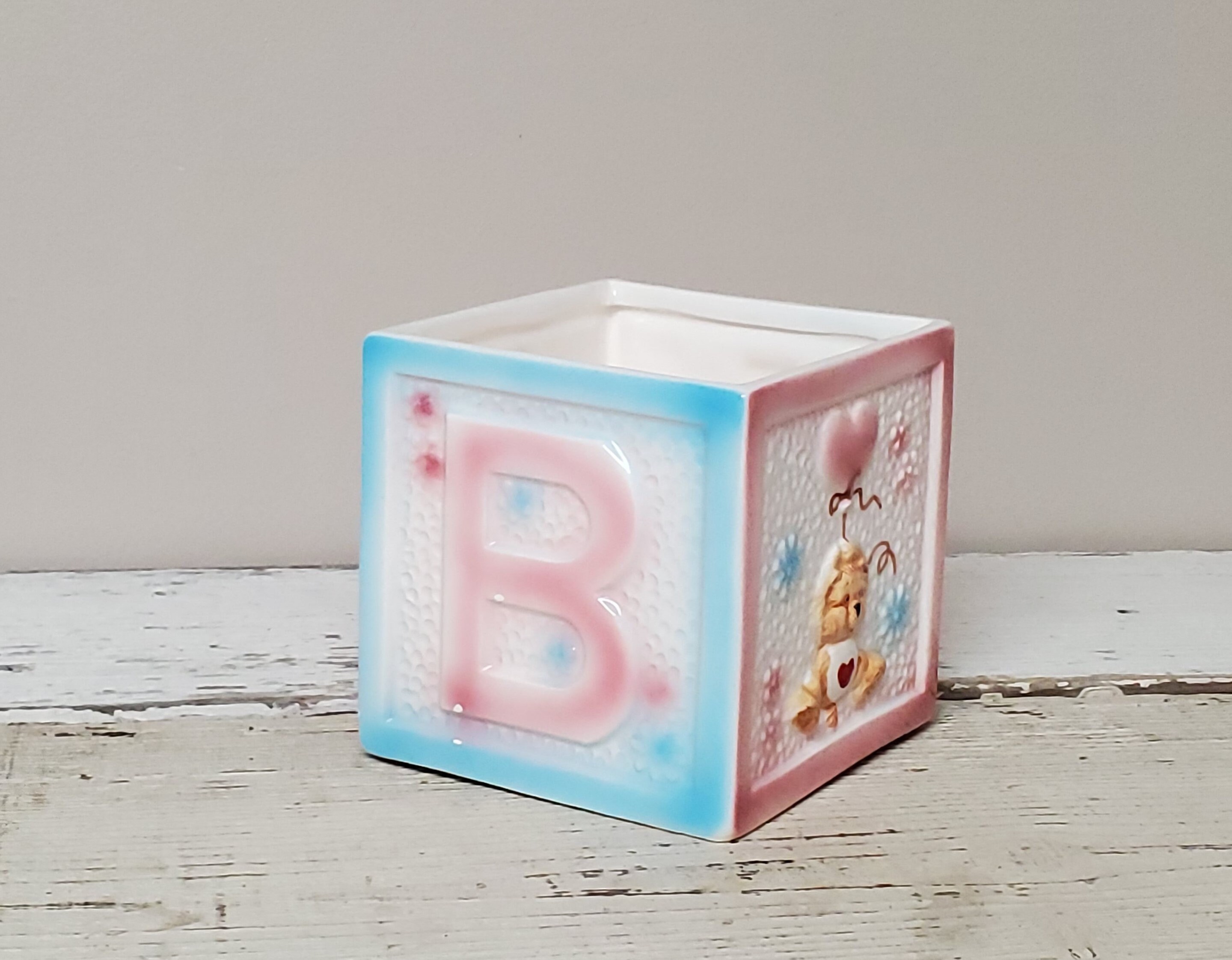 Vintage Baby Boy or Girl Baby Block Planter Ceramic Glossy Glaze Pink ...