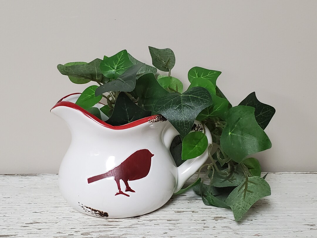 Vintage Miniature Pitcher Ceramic Old Enamel Pitcher Style White Body W ...