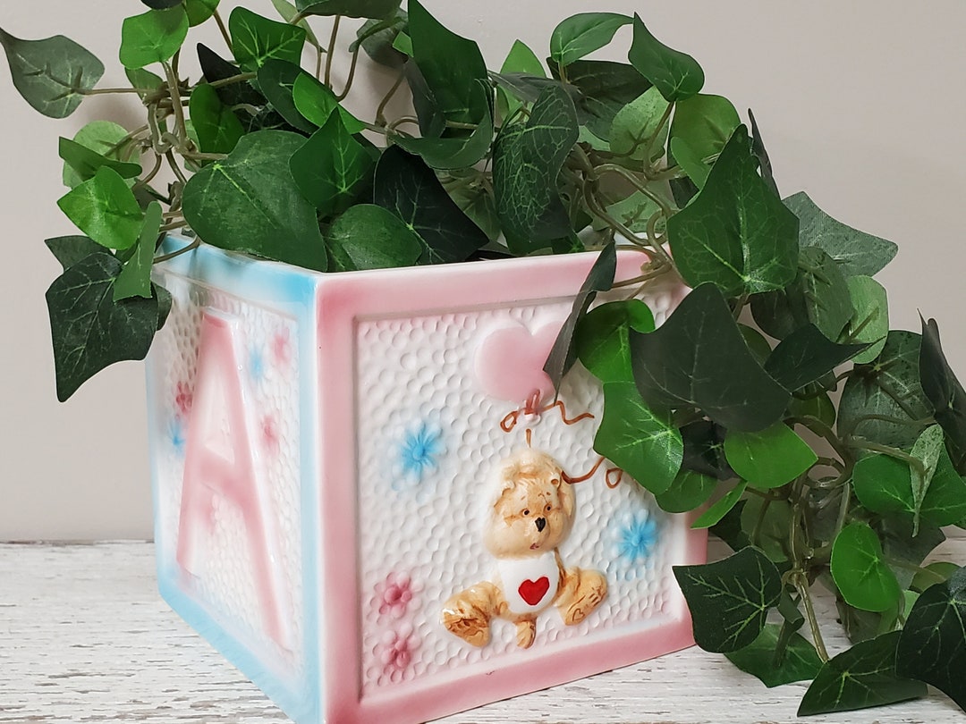 Vintage Baby Boy or Girl Baby Block Planter Ceramic Glossy Glaze Pink ...