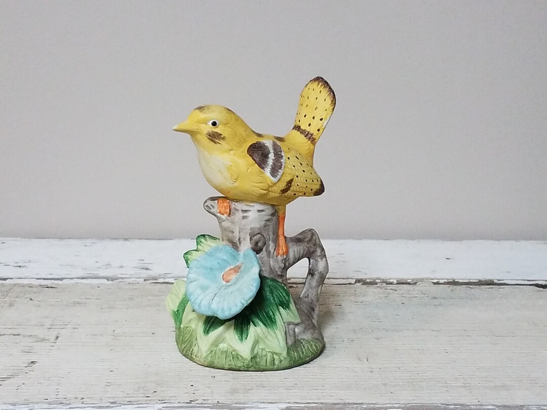 Vintage Bisque Bird Statue Yellow Wren on Stump W/blue Lily Flower ...