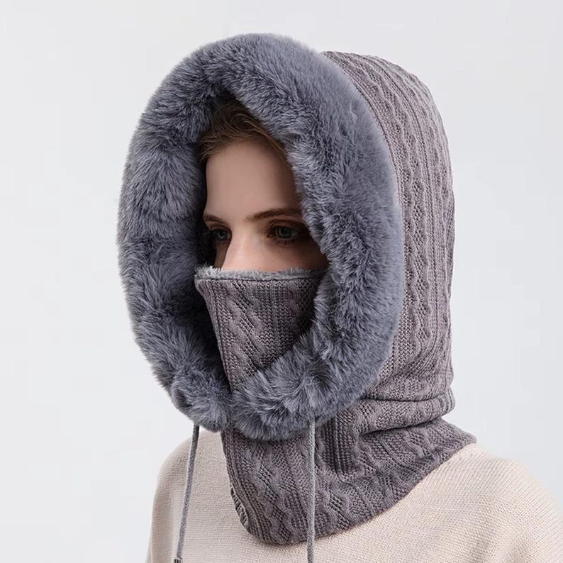 Faux Fur Hooded Balaclava, Knit Face Cover, Neck Warmer - Etsy