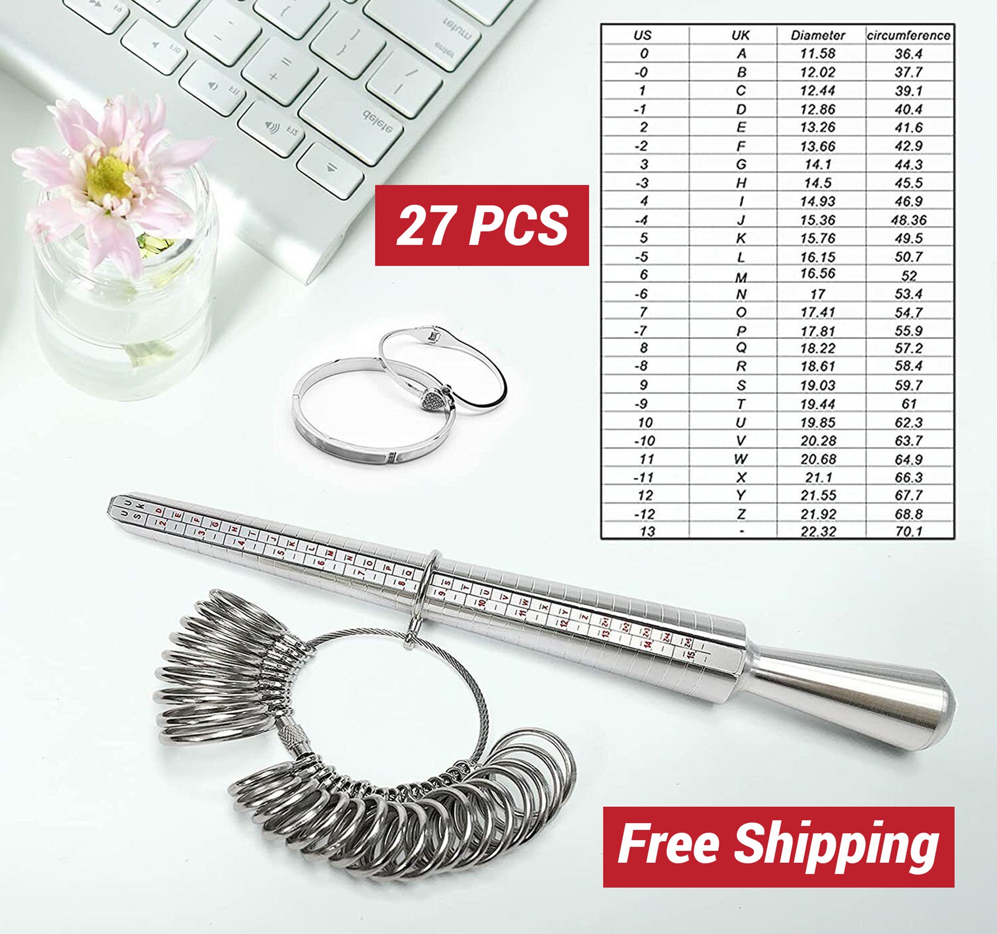 27 PCS Ring Sizer Set, Ring Sizer Measuring Tool Set Metal Ring Sizers ...