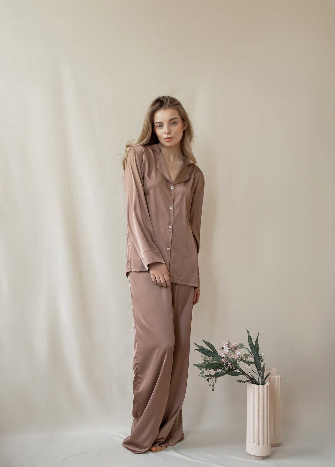 Brown Pajamas Set, Silk Pajamas Set, Silk Pants, Silk Pants and Shirt ...