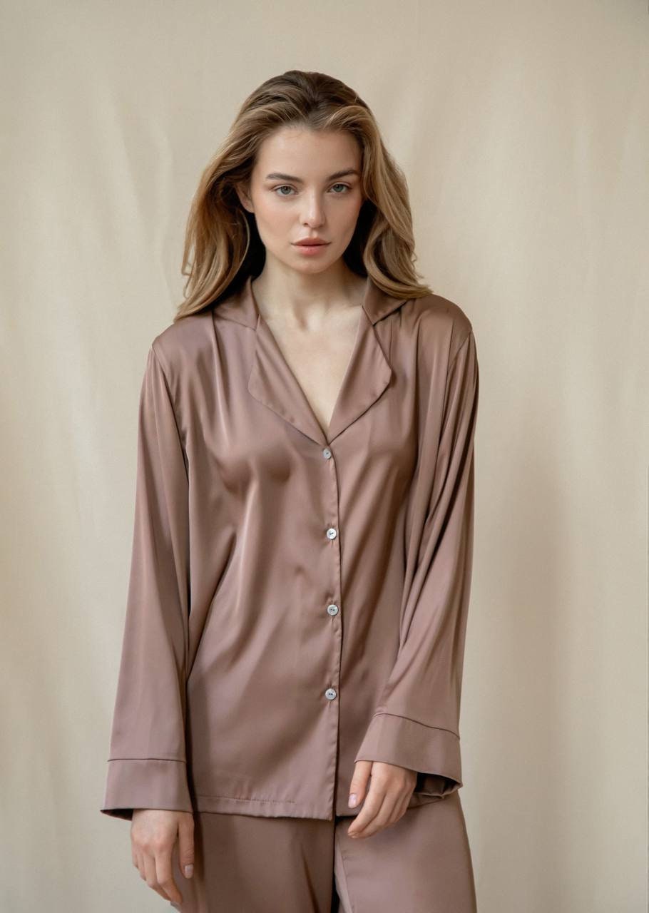 Brown Pajamas Set, Silk Pajamas Set, Silk Pants, Silk Pants and Shirt ...