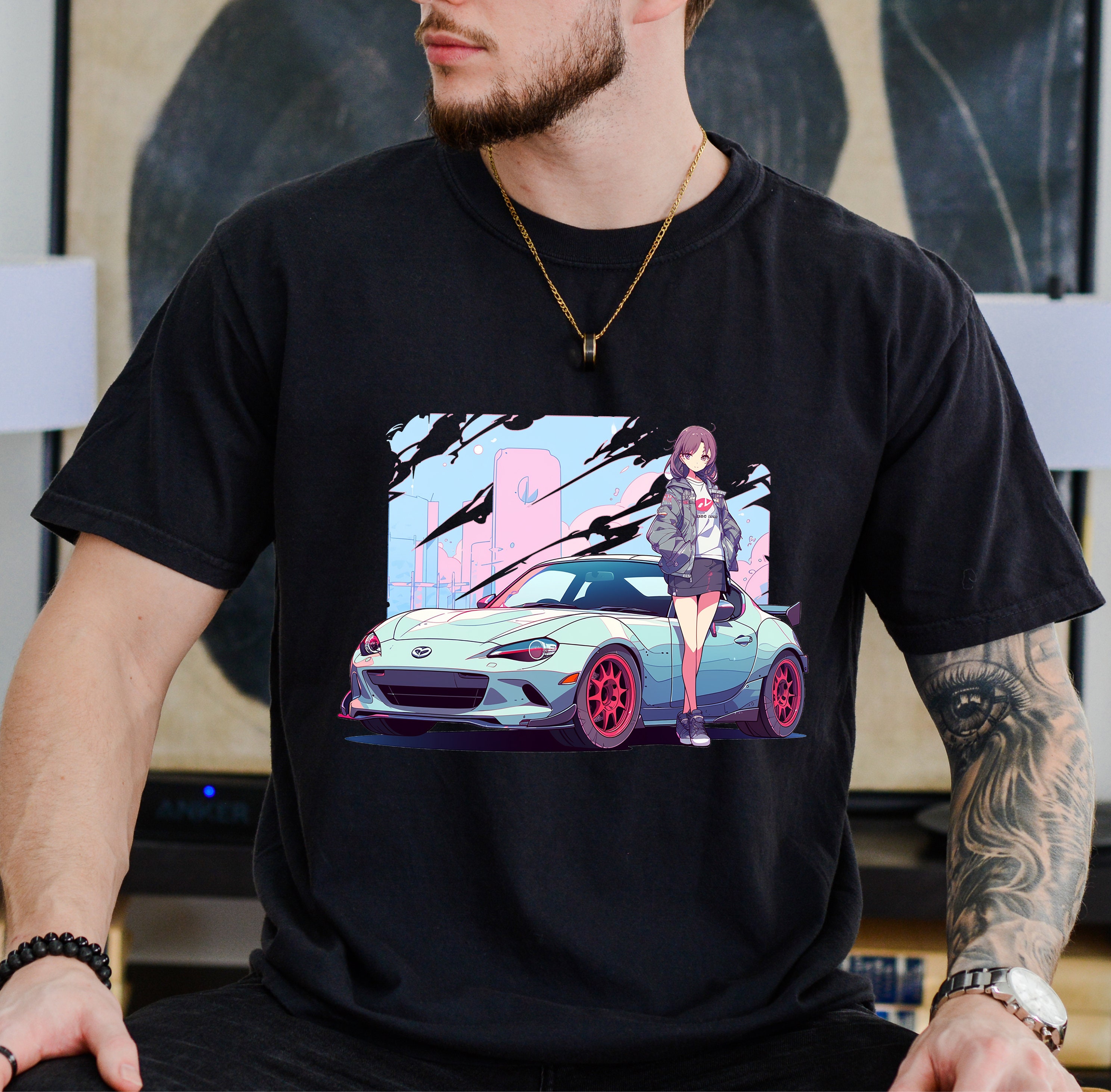 Miata Shirt With Anime Girl Car Lover Gift Anime Fan Blue Teal Miata ...