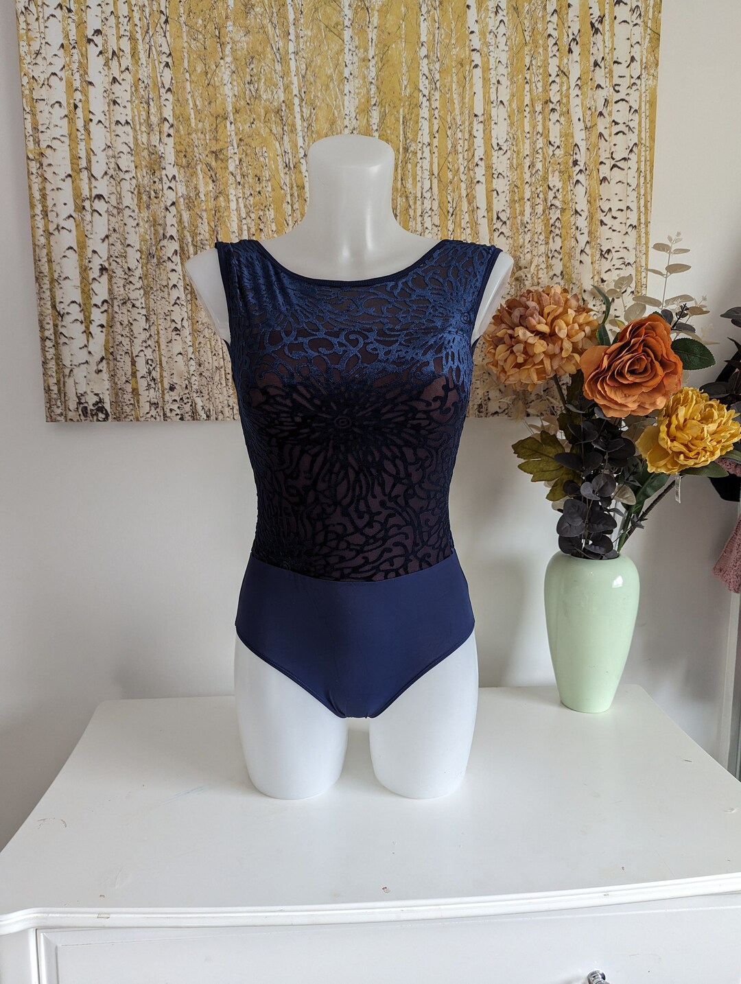 Velvet Ballet Leotard: Navy Blue Patterned Ballet Leotard for Practice ...