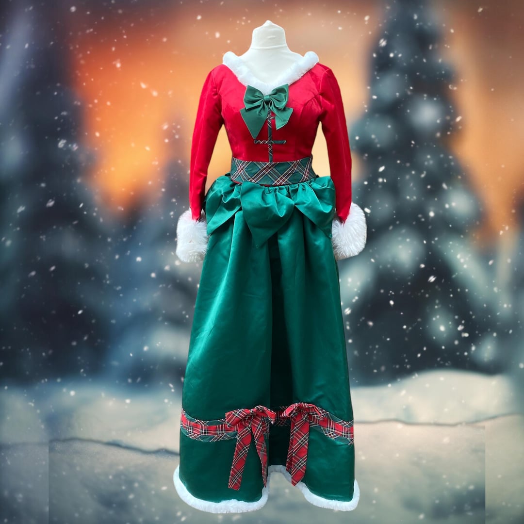 Christmas Elf Costume Dress: Green Satin, Tartan Bows, Made-to-measure ...