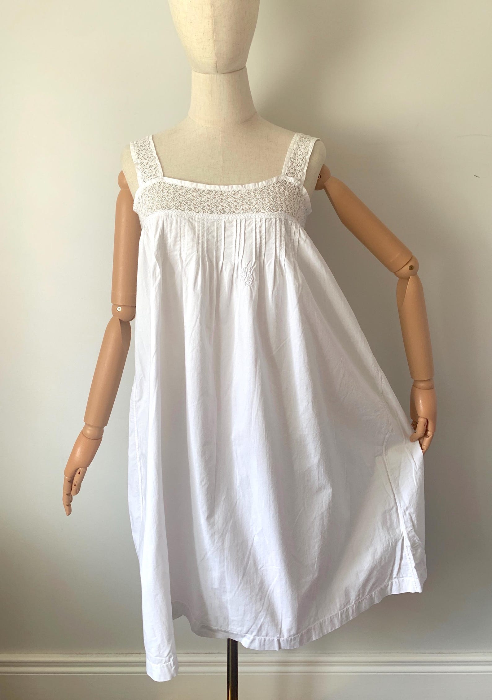 Antique French Cotton Nightgown: Crochet Lace Monogram, Sleeveless ...